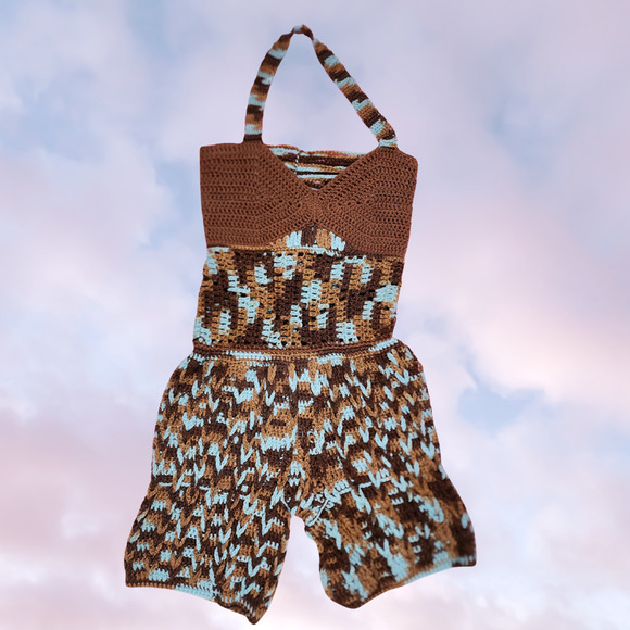 No Brand | Pants & Jumpsuits | Handmade Knitted Crochet Brown Blue ...
